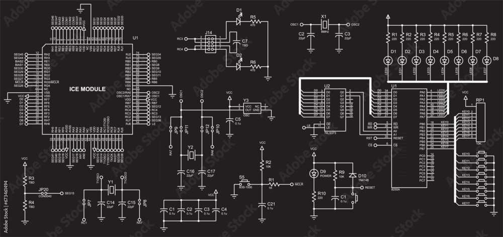 Vector electrical schematic diagram of a digital electronic device with ...