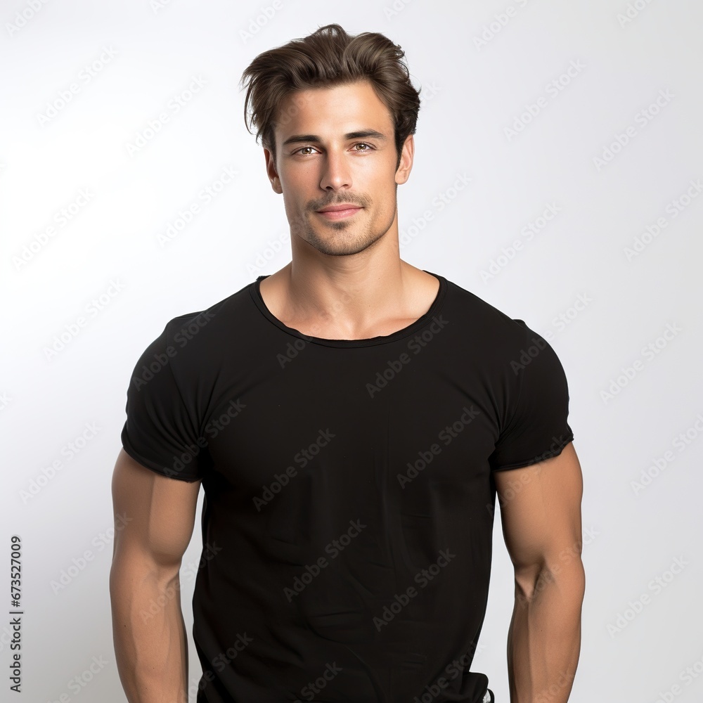 a White muscular man is wearing a black t shirt, he has buzzed hair ...