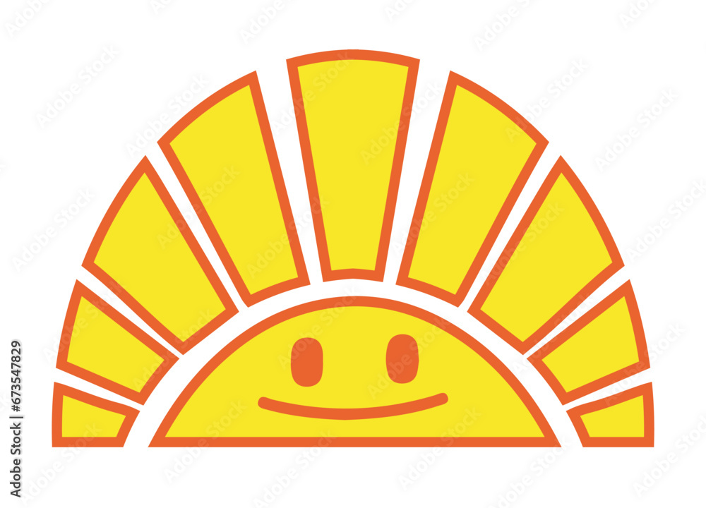 Cartoon rising sun with nine rays with a smile. Yellow sun with orange ...
