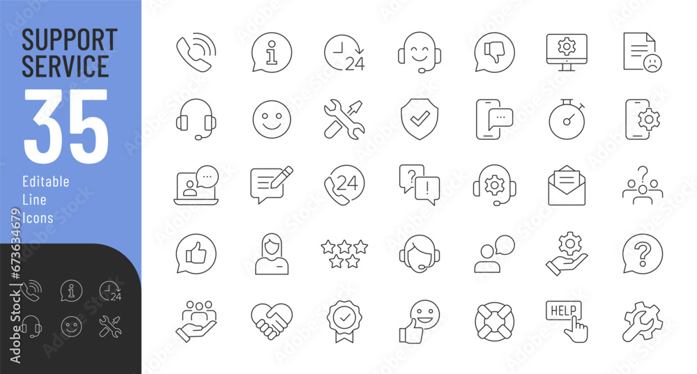 Support Service Line Editable Icons set. Vector illustration in thin ...
