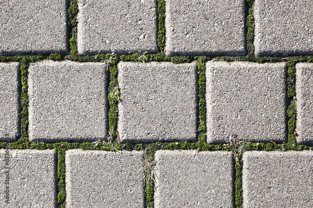 Cobblestone pavement. Square shape bricks. Gray walking path. Paved ...
