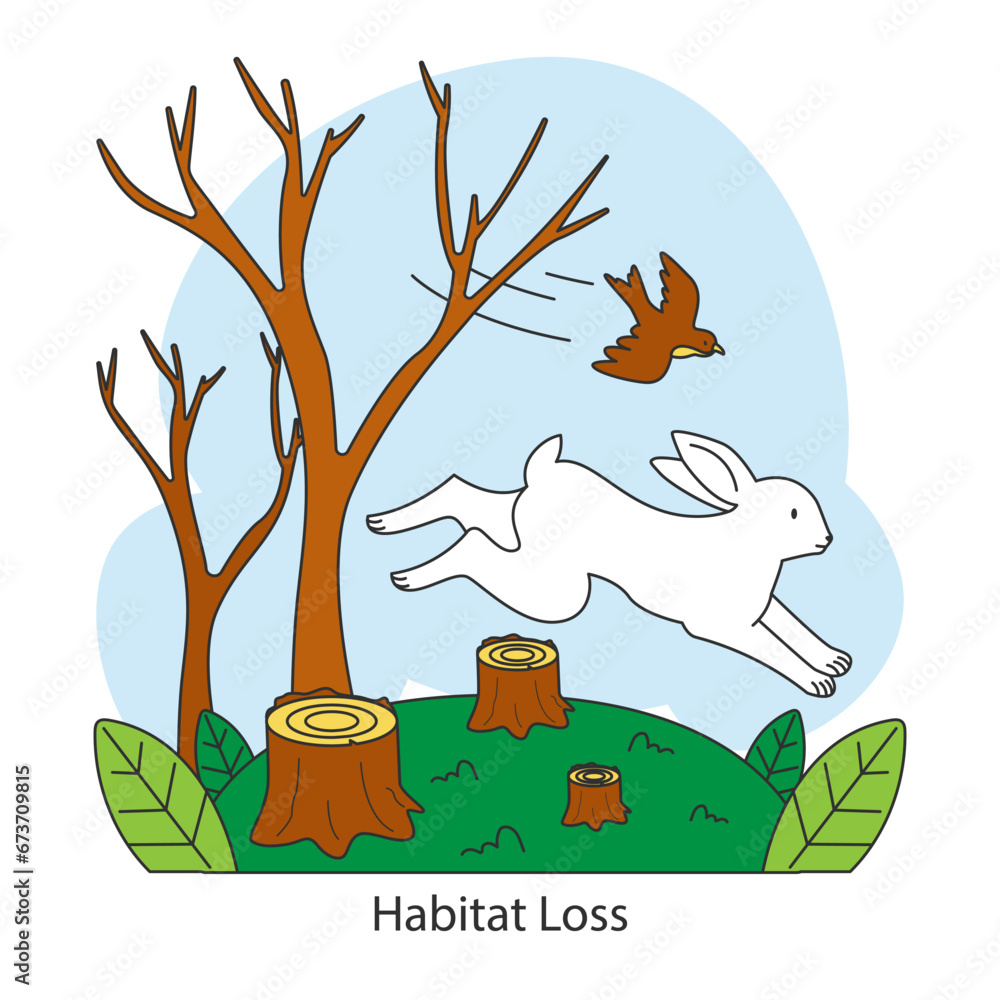Habitat loss. Animals flee a deforested area. Tree stumps, a running ...