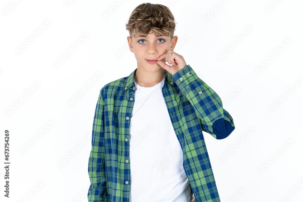 Caucasian teen boy mouth and lips shut as zip with fingers. Secret and ...