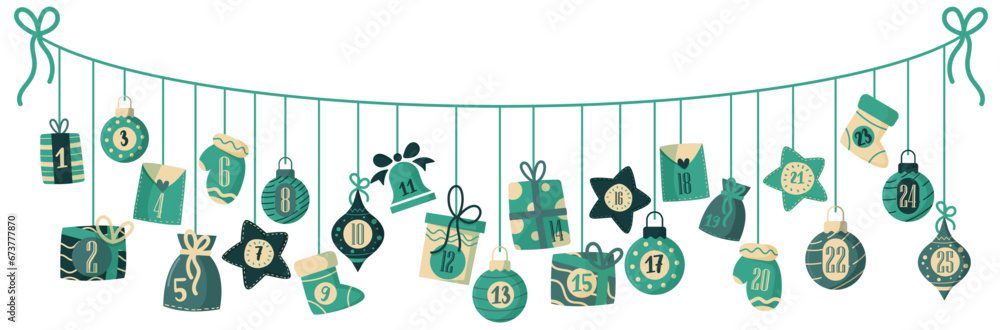 Vector de Stock Calendrier de l'avent en guirlande de Noël - Illustrations colorées et festives ...