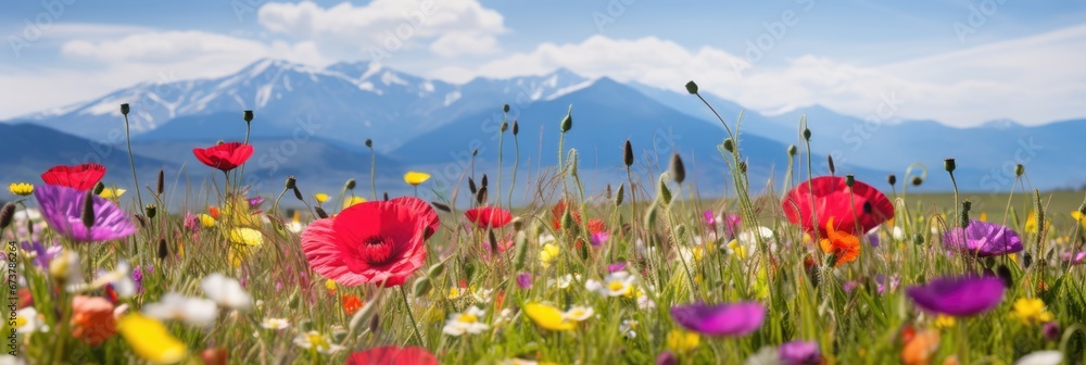 Panoramic view of wild flower field in wild with variable colors and ...