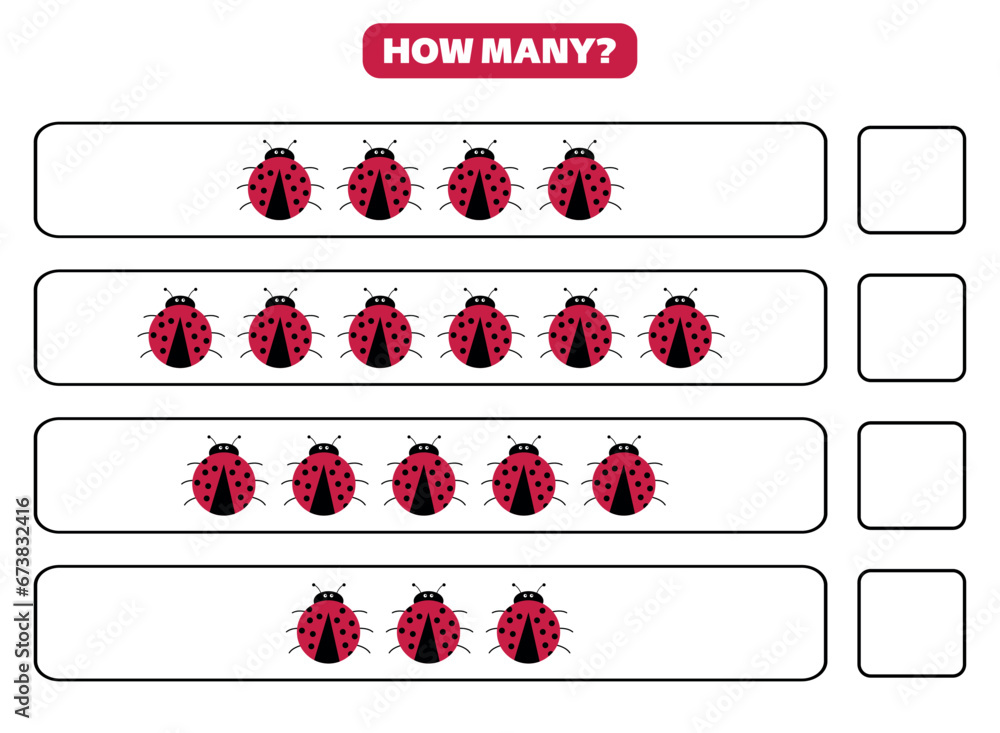 How many ladybug or ladybird are there? Educational worksheet design ...