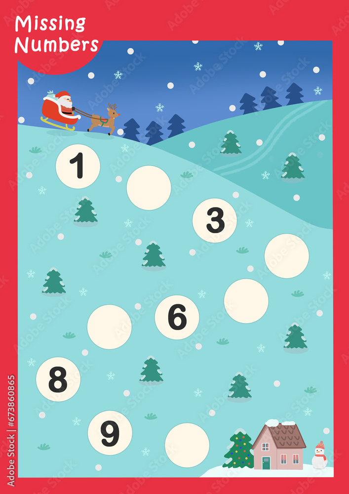 Missing numbers worksheet for children with cute christmas illustration ...