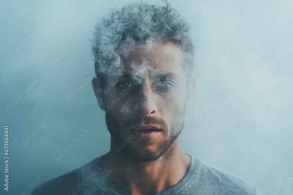 Man in Mist Frozen Misty Smoke Frost Cinematic depicting Mental Health Stress Choking Moody ...