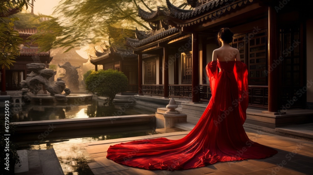 beautiful woman glamour red dress walking in stuning asian landscape ...