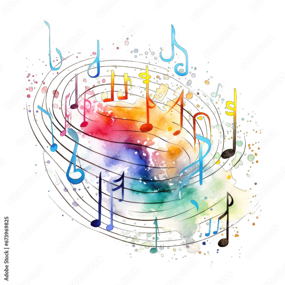 Abstract Music notes, rainbow colors in a watercolor paint splash ...