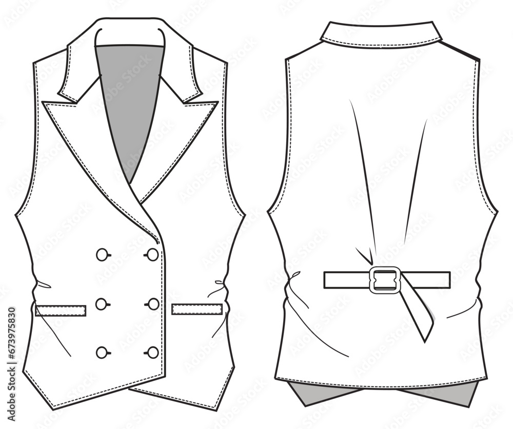 Back Adjusting Waistcoat, Waiter Coat Front and Back View. Fashion Flat ...
