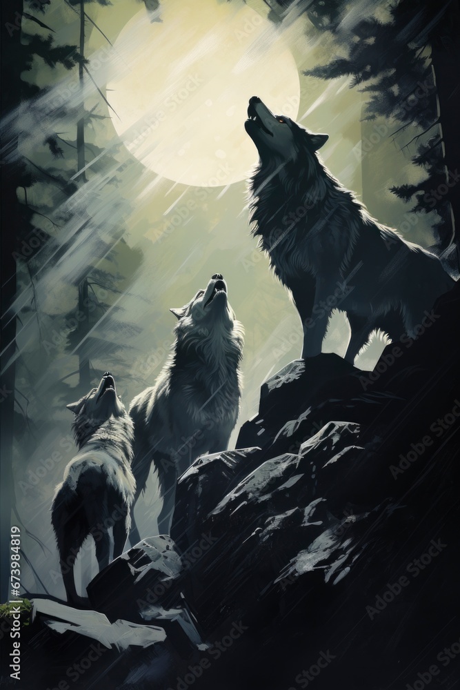 In this watercolor masterpiece, wolves gather in the forest, eyes alight under the full moon's ...