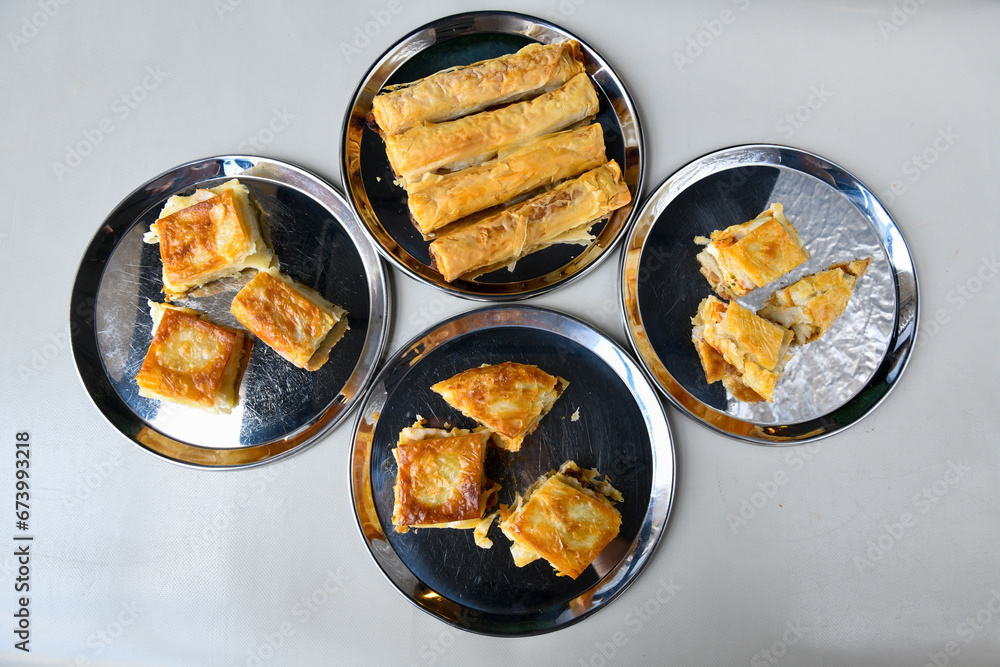 Table scene of assorted take out or delivery foods. Traditional Turkish ...