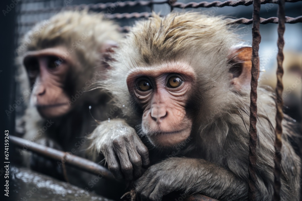 Monkeys locked in cage. Emaciated, skinny little chimpanzee in cramped ...