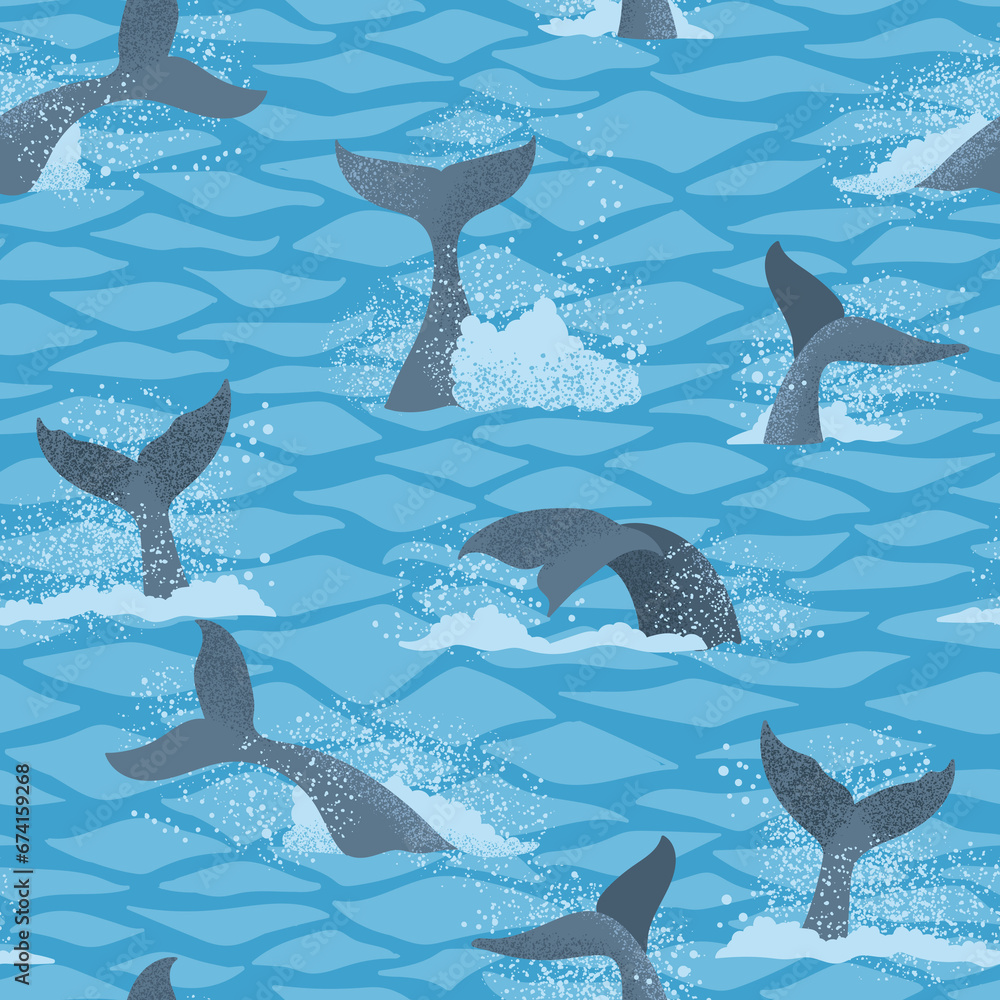 Seamless pattern of whale tails in the sea. Whales beat the water with ...