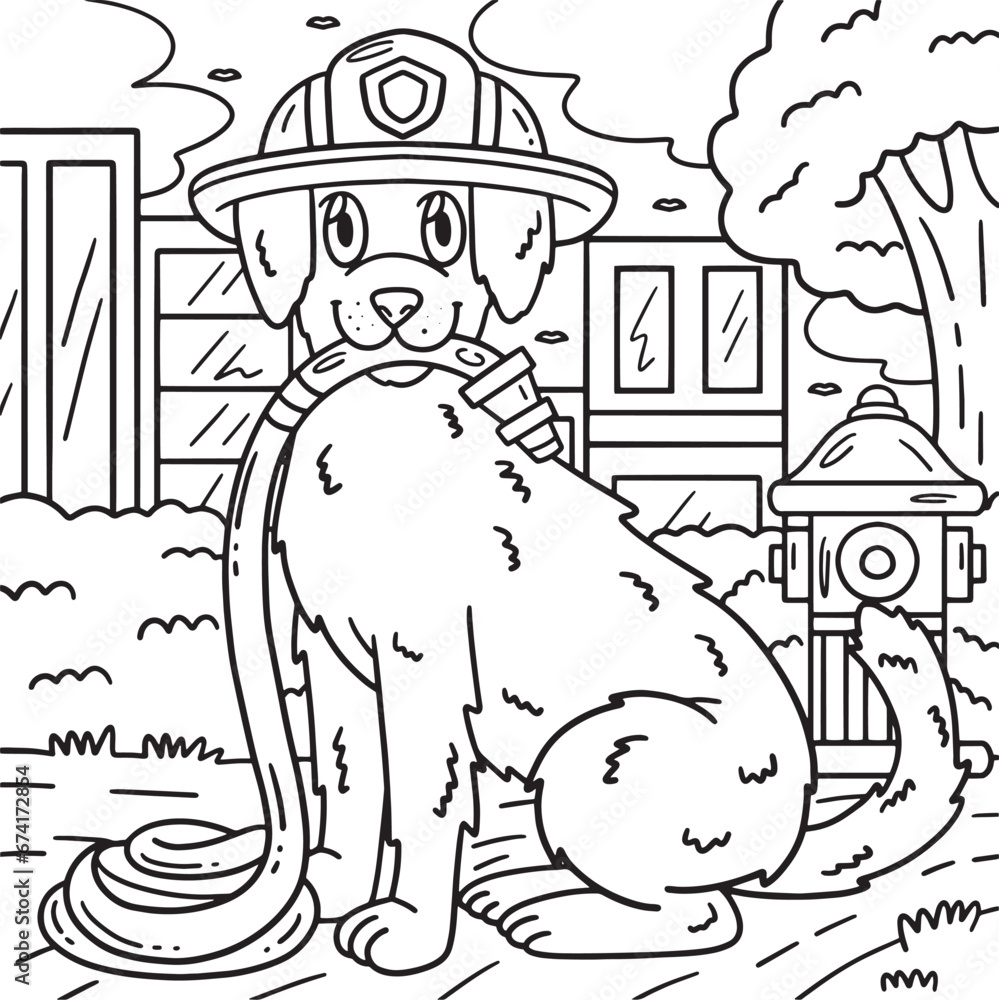 Firefighter Dog Coloring Page for Kids Stock Vector | Adobe Stock