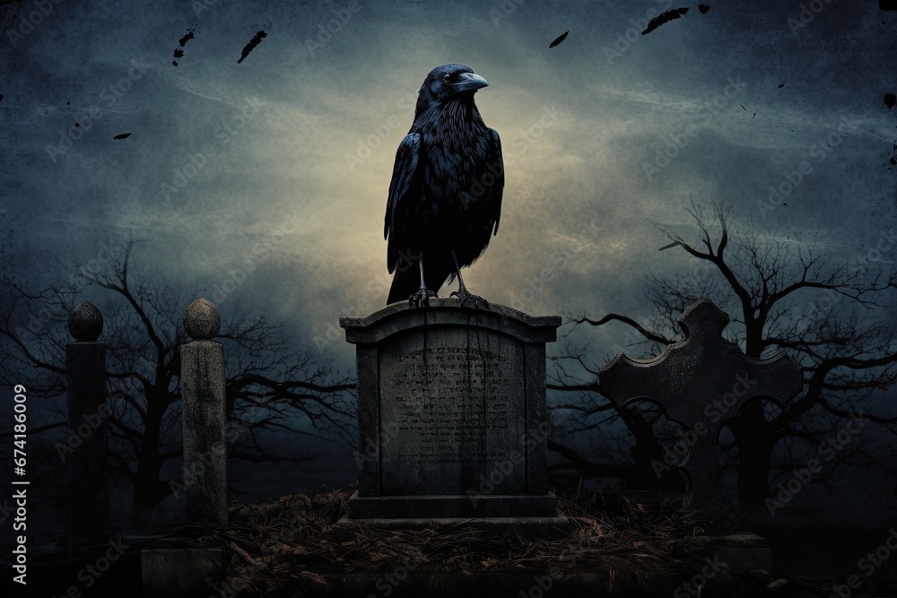 Spooky crow on old tombstone in haunted cemetery Horror graveyard at ...