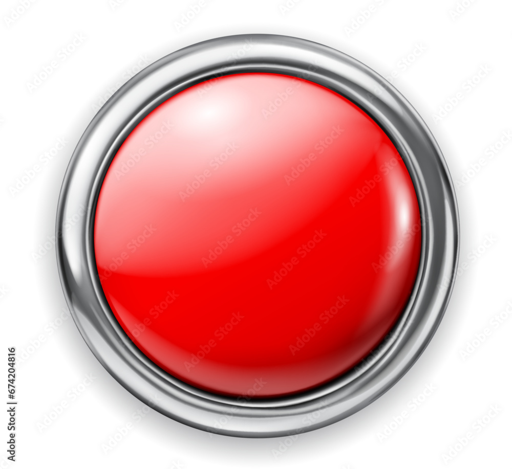 Realistic big red plastic button with thin shiny metallic border. With ...