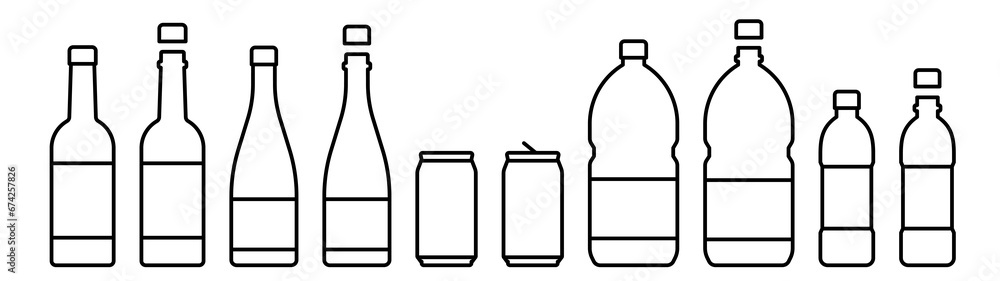 Glass bottles, cans and plastic bottles icon set. Black color outline ...