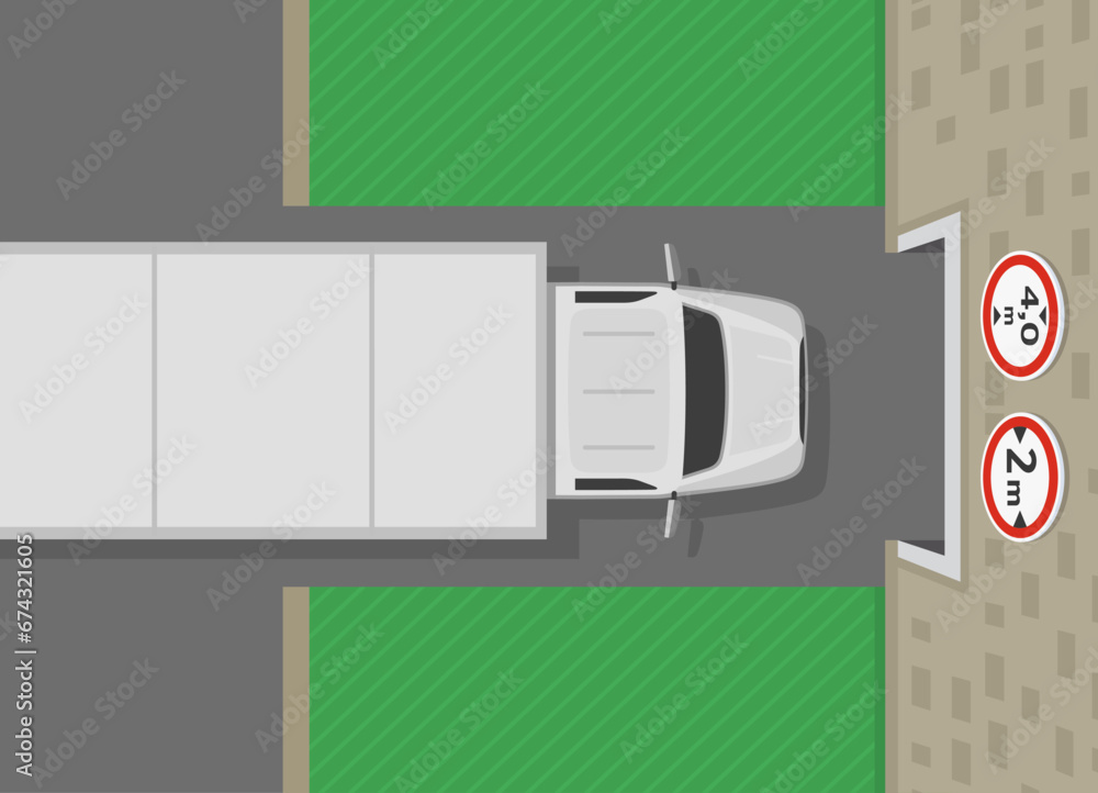 Safe driving tips and traffic regulation rules. Top view of a heavy ...