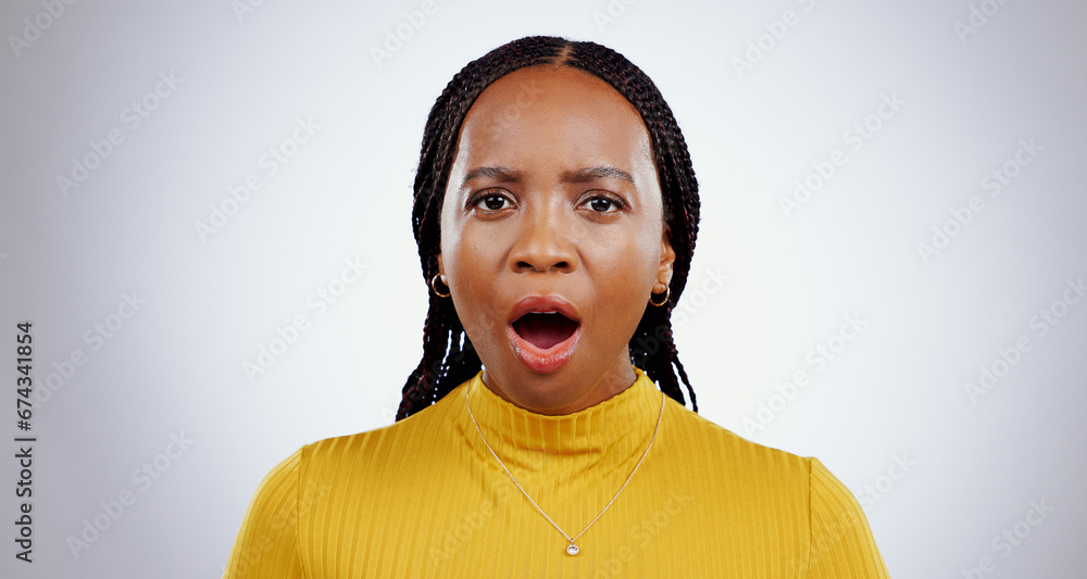 Portrait, surprise and black woman with gossip, announcement and reaction on white studio ...