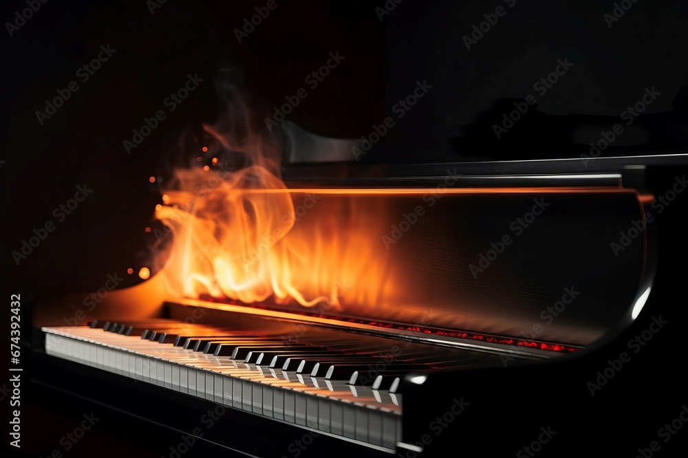 Burning piano instrument with red fire flames. Dark piano keyboard with ...