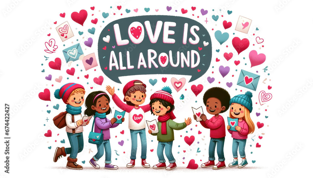 Inclusive Valentine's Celebration: Cartoon Children Exchanging Cards ...
