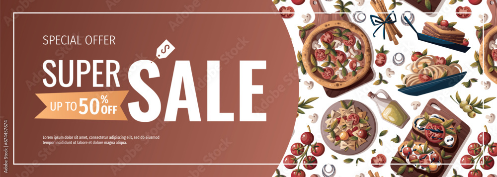 Flyer design with Italian pizza, pasta, bruschetta, lasagna, olive oil ...
