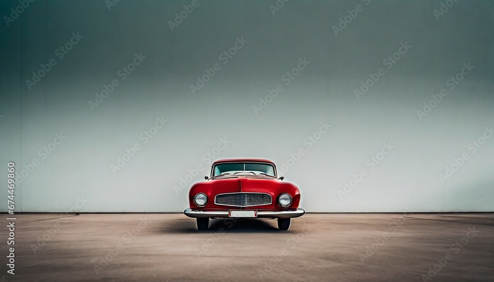 red classic car facing the camera, minimalist, deadpan, banal, cool ...