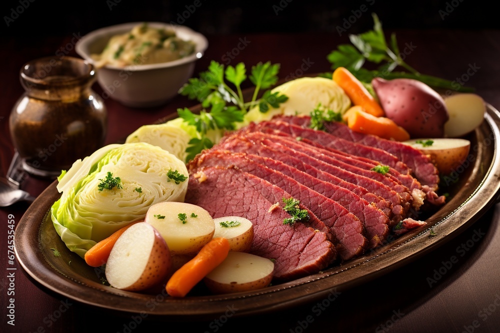 Savory Delight: Corned Beef with Cabbage and Potatoes Presented on a ...