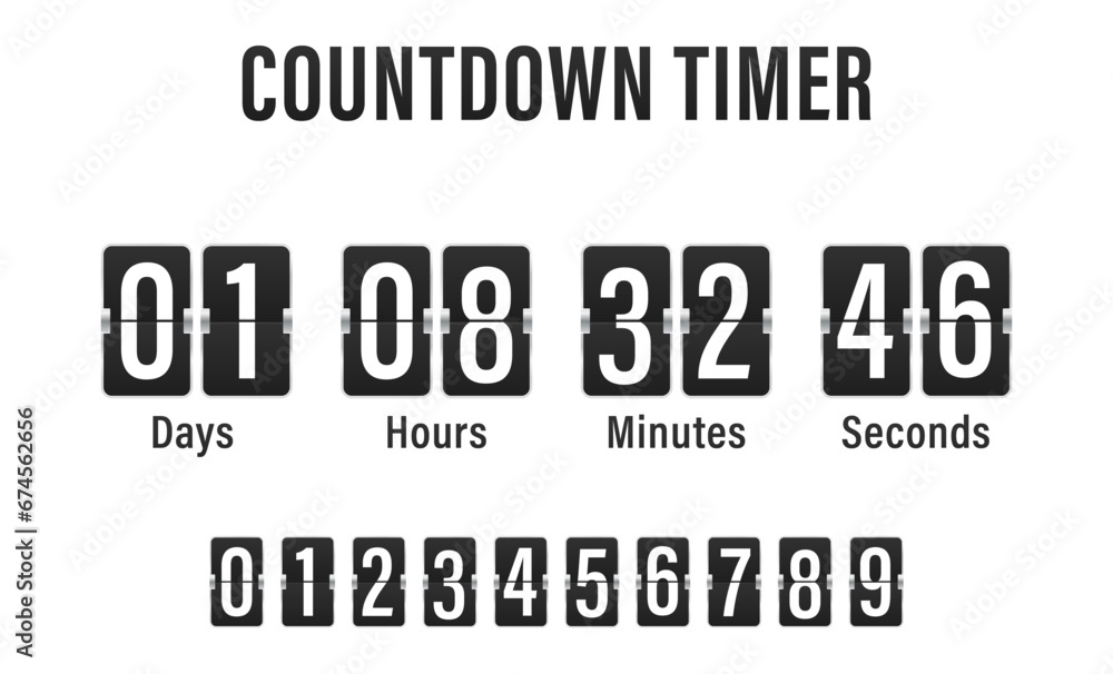 Countdown timer. Mechanical analog flip clock with number indicator, retro automatic date hour ...