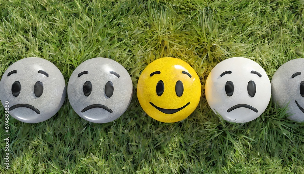 One happy face and many sad faces. Smiley emojis 3D render. Stand out ...