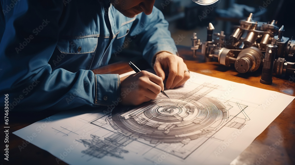 Engineer technician designing drawings mechanical parts engineering ...