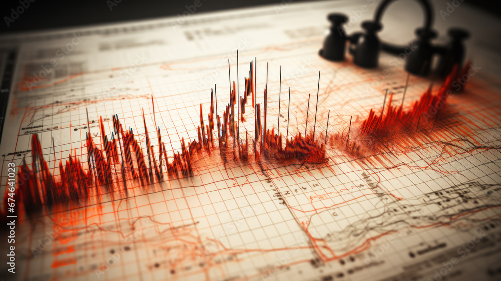 Seismograph and earthquake. The seismograph shows a projection of the ...
