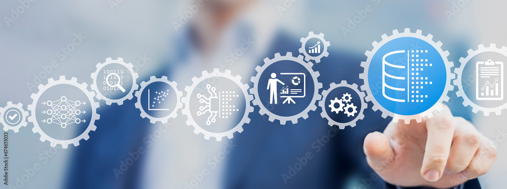 Foto Big data, data analytics and AI concept. Person touching icons about database, data ...