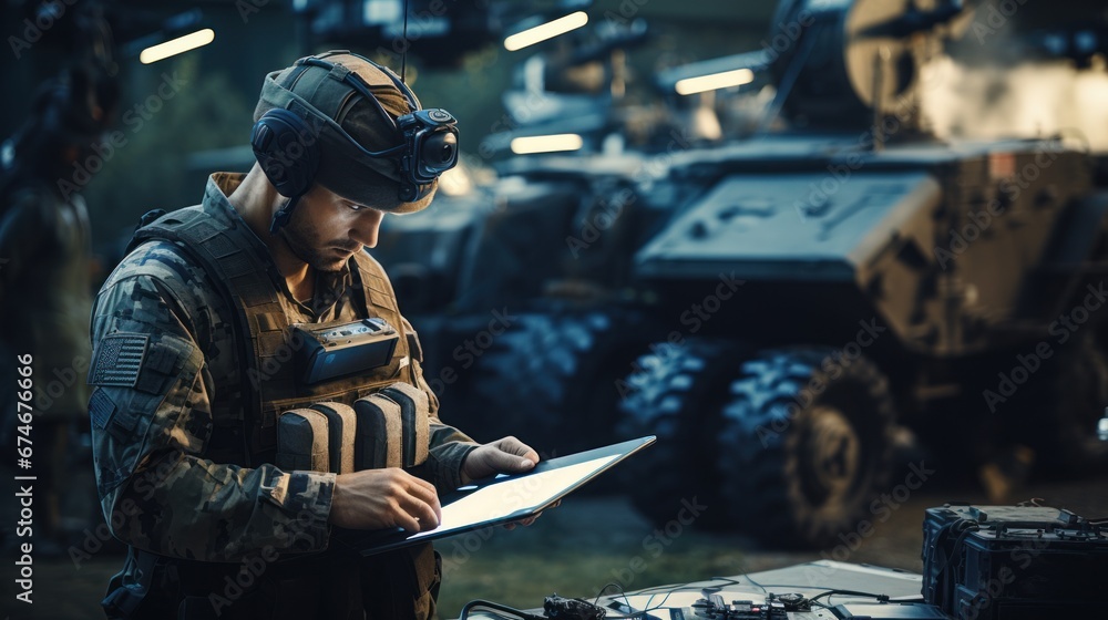 Mobile military base, soldier engineer transmits aerial pictures and ...