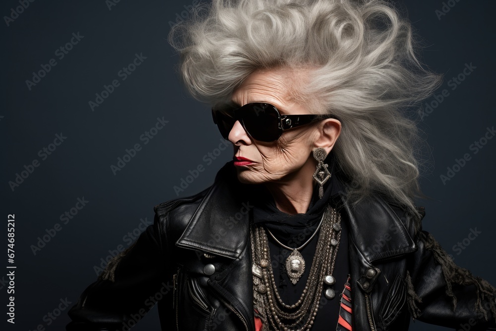 This stock photo captures a senior woman exuding a unique punk style ...