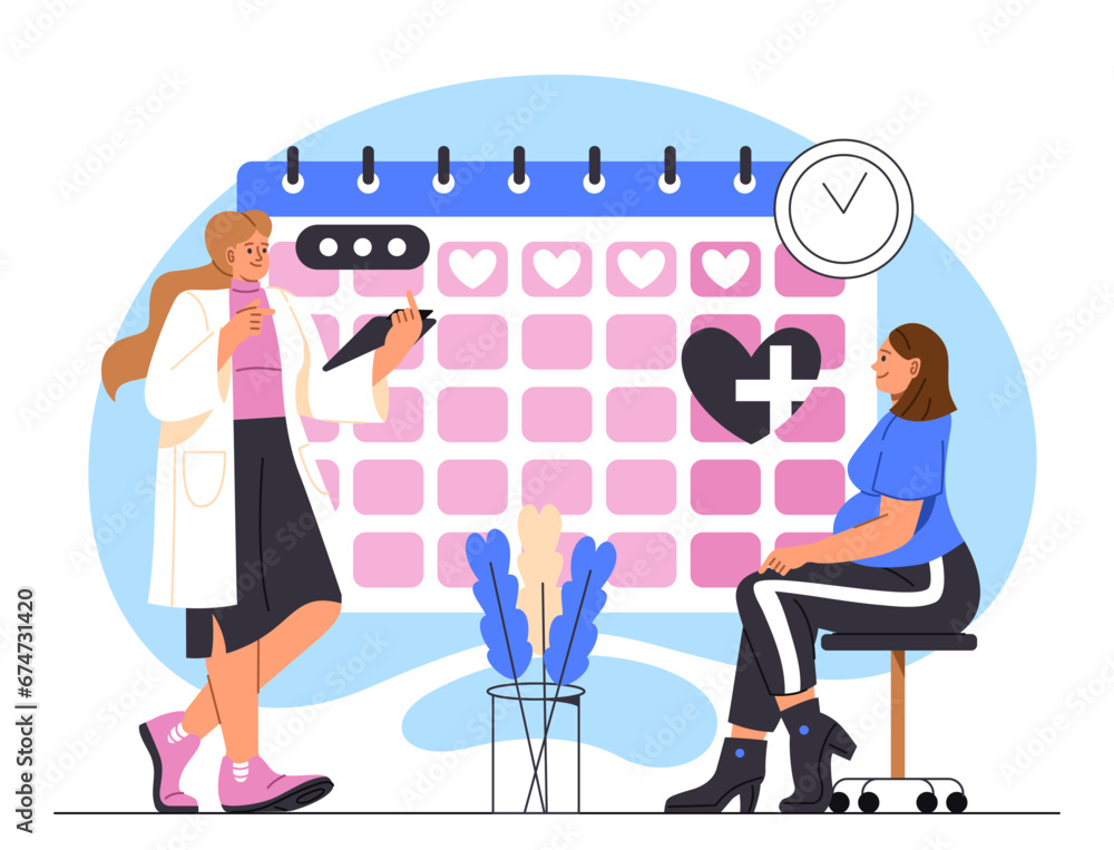 Pregnancy Planner Concept Woman And Doctor Near Calendar Gynecologist With Patient Ovulation