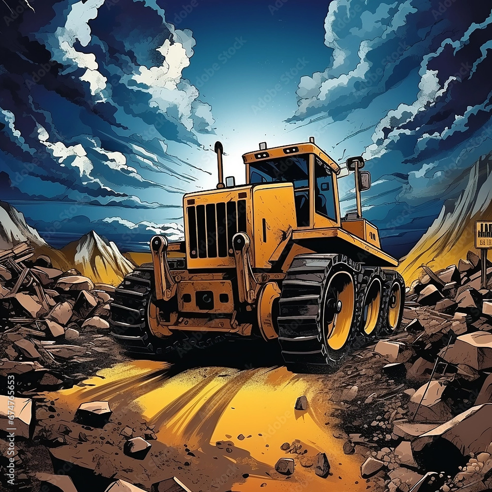 Tractor excavator with background construction site 50's poster style ...