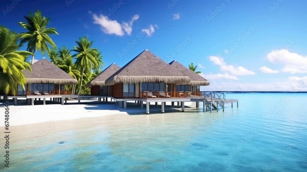 Tropical beach and water bungalows. Travel and tourism to luxury ...