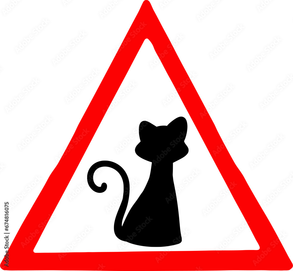 Hand drawn vector drawing, art of red warning road sign with symbol cat ...