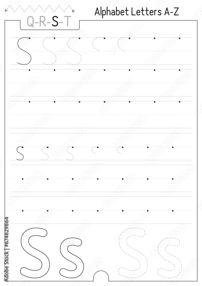 Learning to trace and writing kids activity worksheet. Page letter S ...