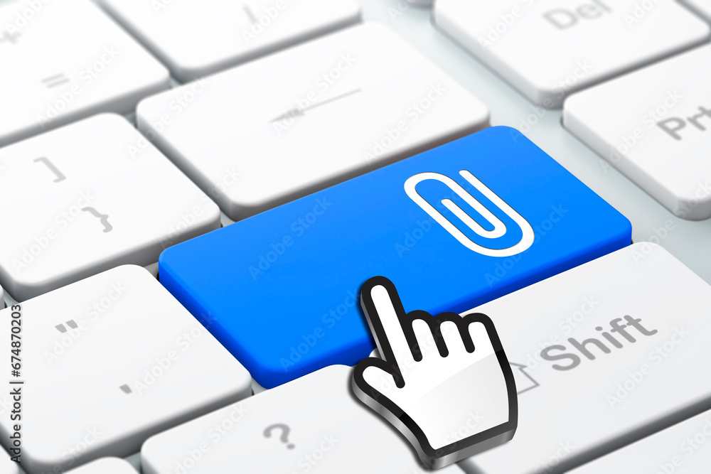 Concept of computer keyboard key with attach clip on it ready to press ...