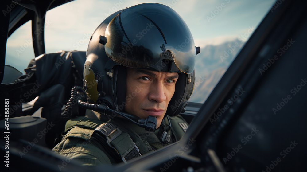 Ready for Flight: A Man in Military Regalia Seated in a Fighter Jet's ...
