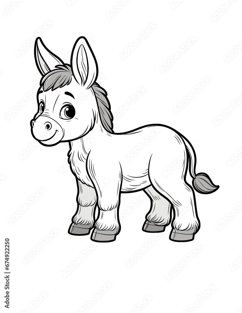 Cute donkey burro mule coloring book page, coloring page, animal, black ...