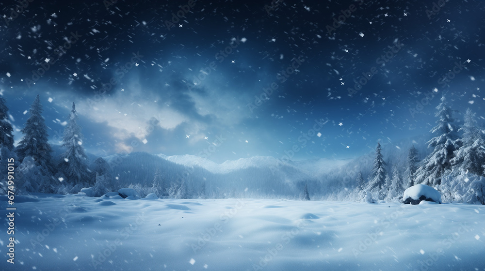 Winter mountains of snow background in a forest at night. Shiny stars ...