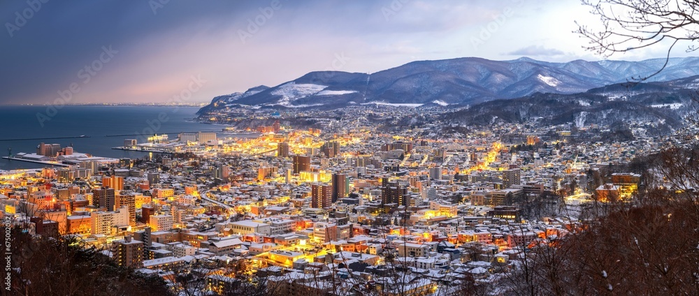 Photo Stock Panoramic view of Otaru with evening illumination. Hokkaido ...