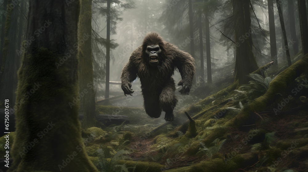 AI generated illustration of a sasquatch, also known as bigfoot, is running through forest Stock ...
