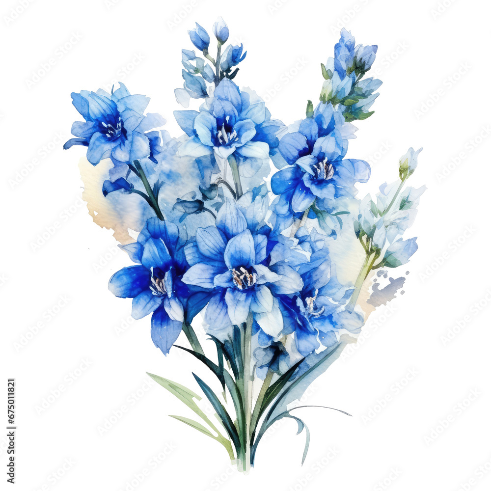 watercolor blue delphinium flower bouquet isolated on transparent ...