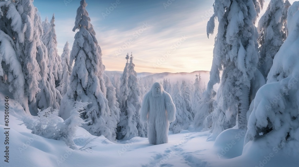Bigfoot is trekking through a snow-covered forest during daylight. AI ...